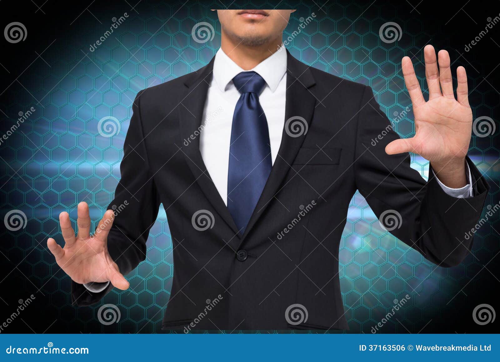 Unsmiling Businessman Touching Stock Photo - Image of futuristic ...