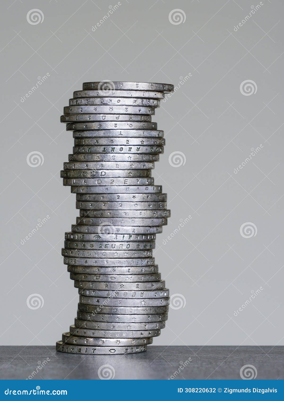 Unstable Coins Stack of Two Euro Coins on a Grey Background, Future ...