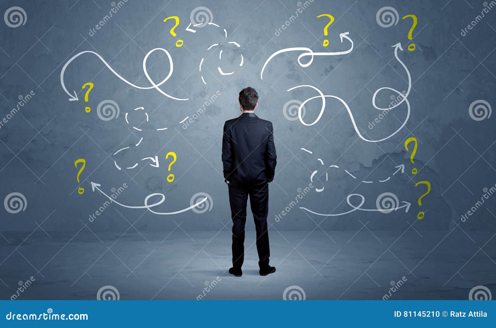Unsure Businessman with Question Marks Stock Photo - Image of arrows ...