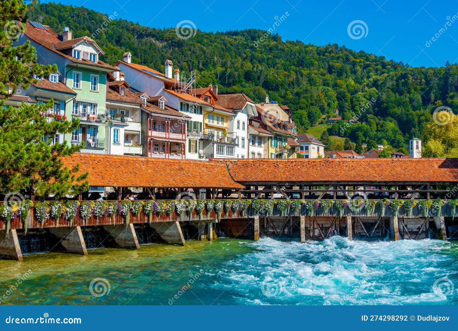 Untere Schleuse Covered Bridge in Swiss Town Thun Stock Photo - Image ...