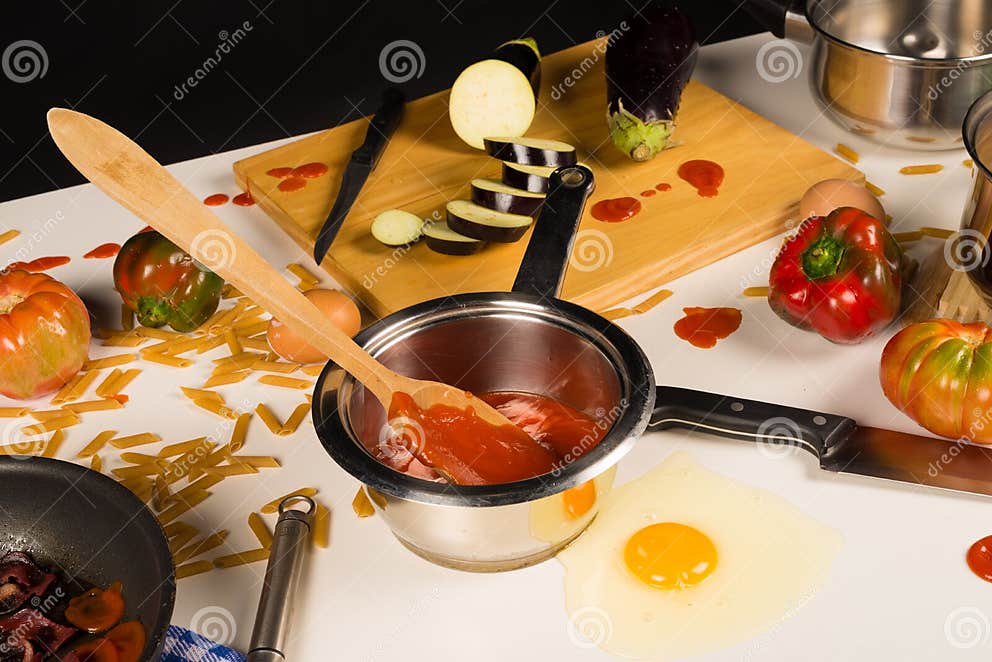 Untidy kitchen table stock photo. Image of ingredients - 31496448