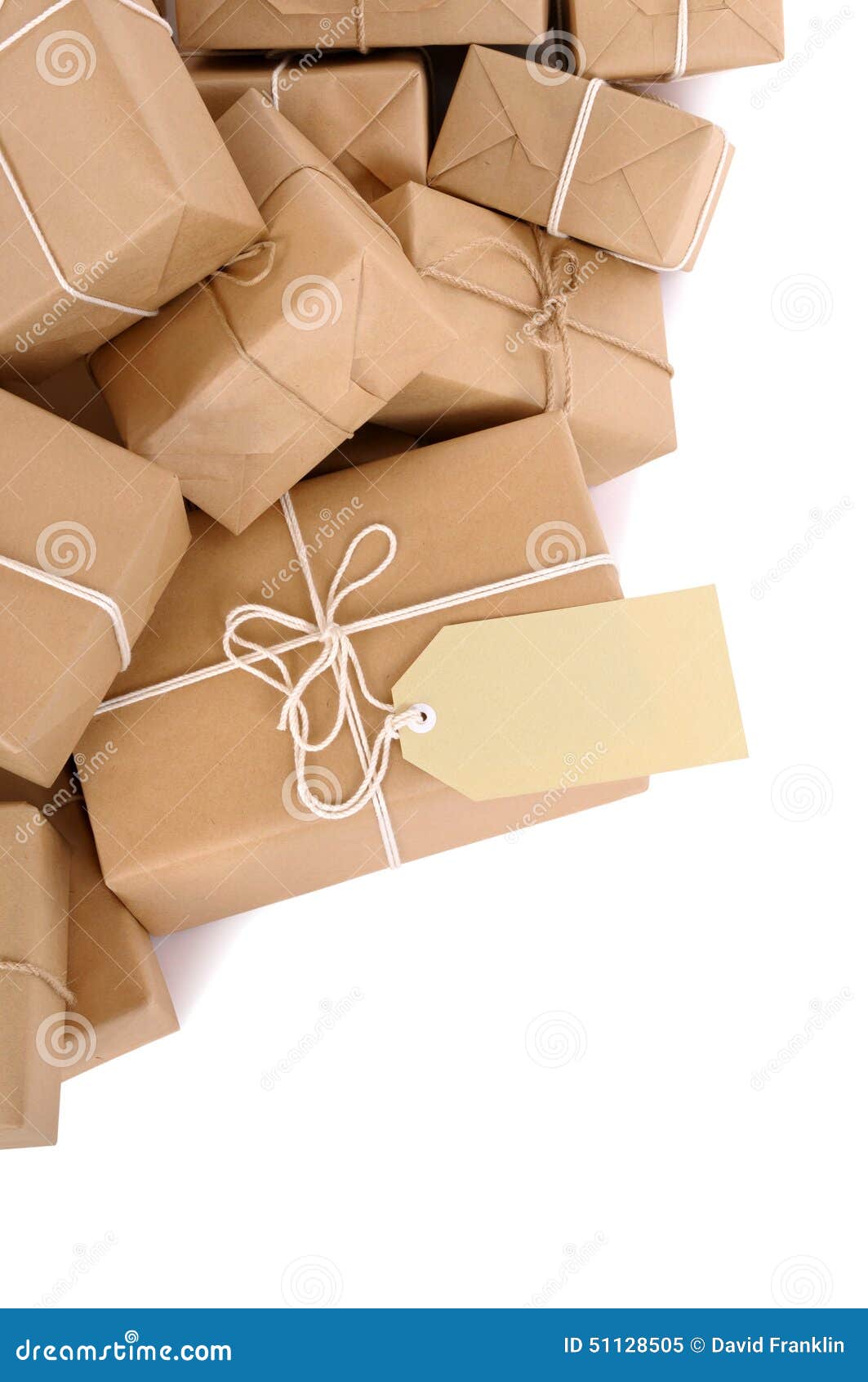 Untidy Stack of Brown Paper Parcels with Manila Label Isolated on White ...