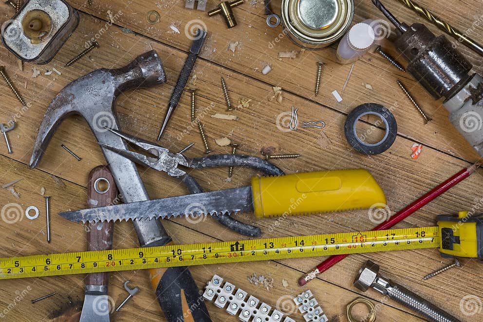 Untidy Workbench - Old Tools Stock Image - Image of tape, screws: 54887345