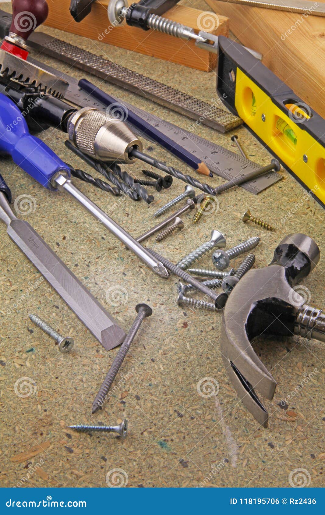 A untidy workers bench stock photo. Image of screws - 118195706