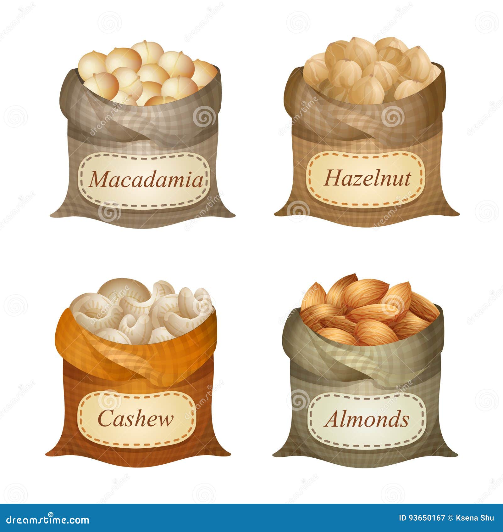 Untied Sacks with Batch of Nuts and Text Labels on Them Stock Vector ...