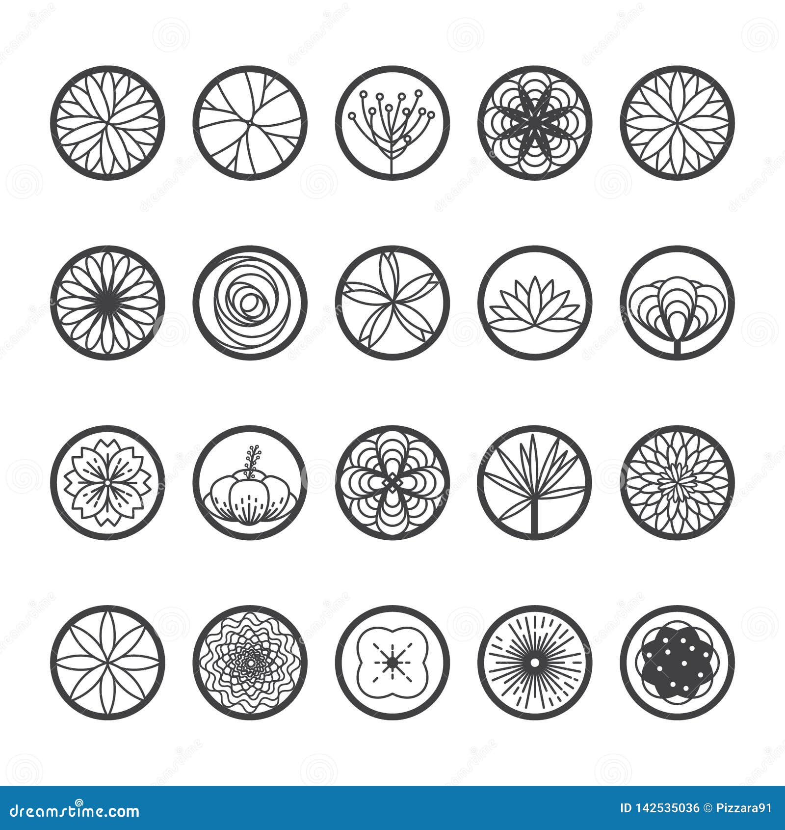 Flowers Icons in a Round Shape. Single Line Style-vector Stock Vector ...