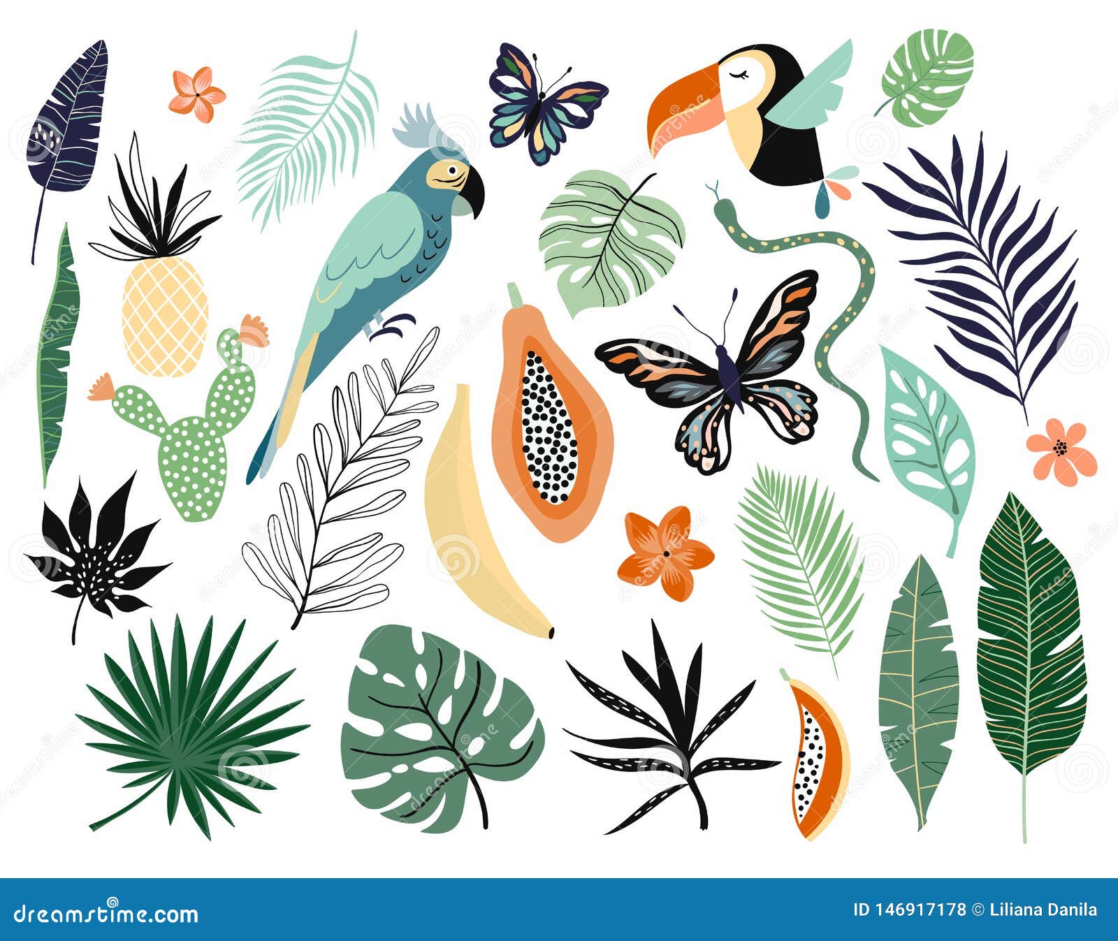 Tropical Abstract Elements Collection, Hand Drawn Items Stock Vector ...