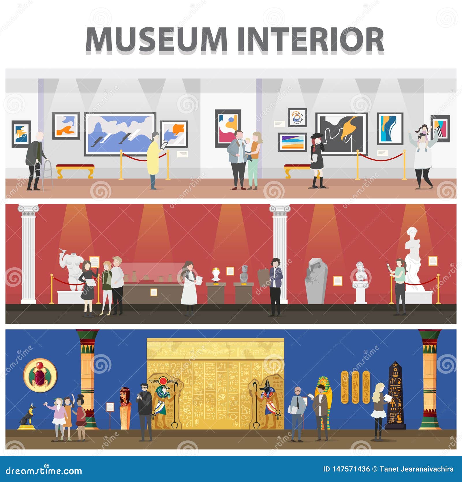 Cute Cartoon Visitors And Guide Characters In Art Museum. Vector ...