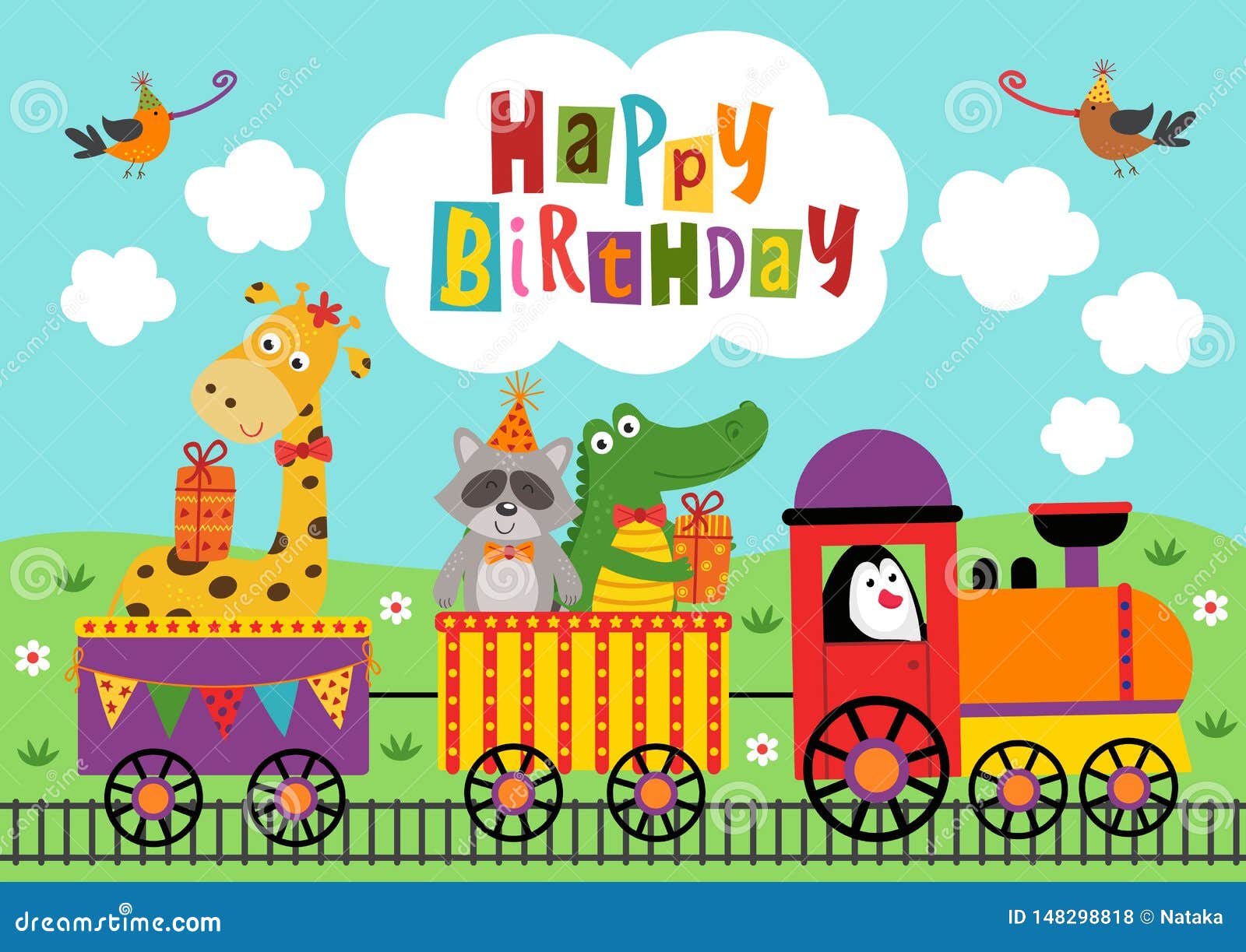 Poster Funny Animals Ride the Train Happy Birthday Stock Vector ...