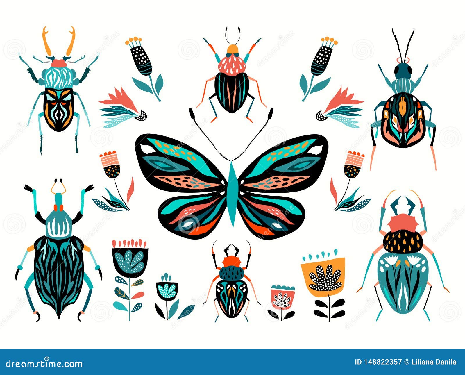 Insects Collection with Different Abstract Elements Isolated on White ...