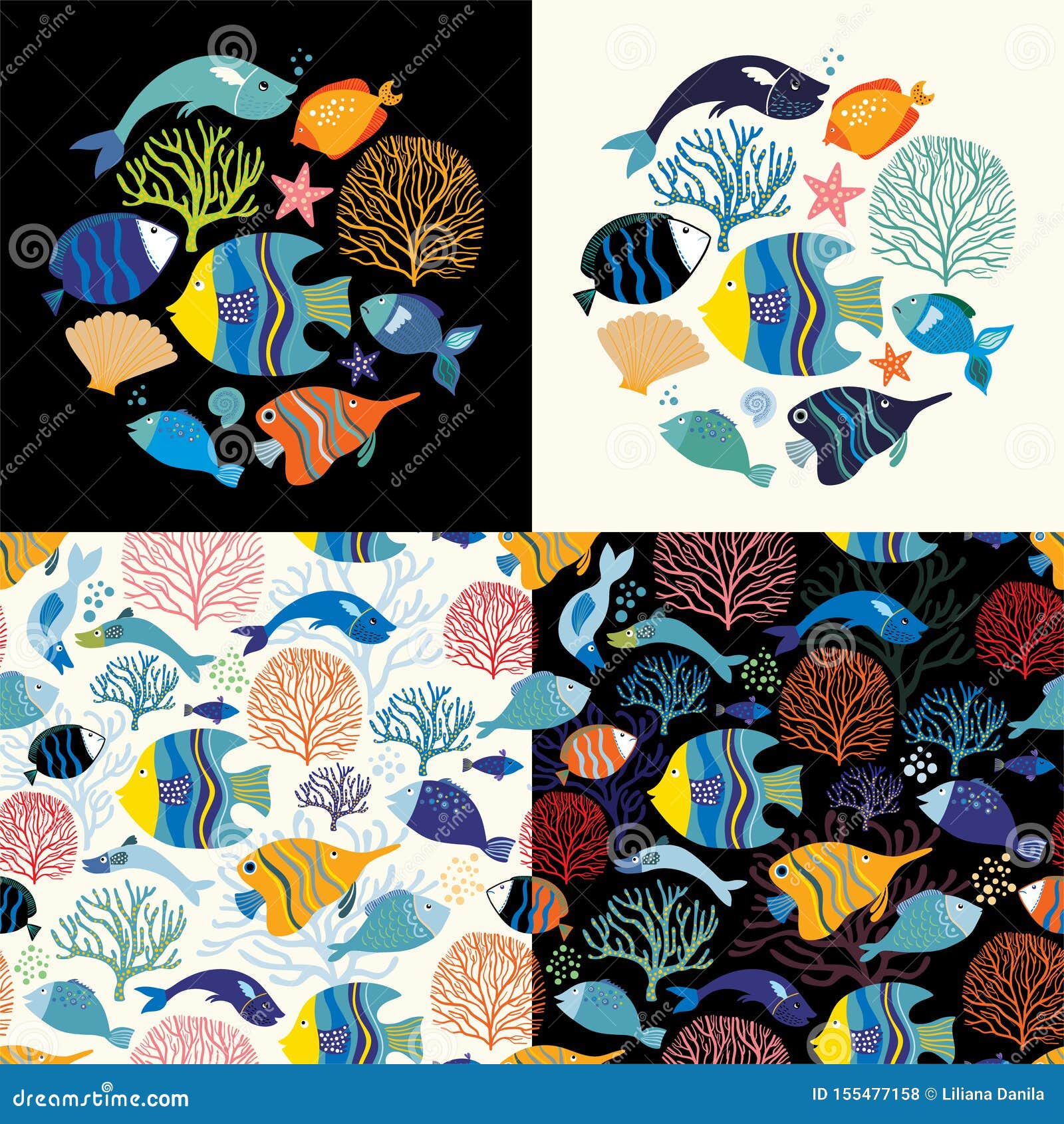 Aquatic Collection with Seamless Patterns and Round Compositions Stock ...