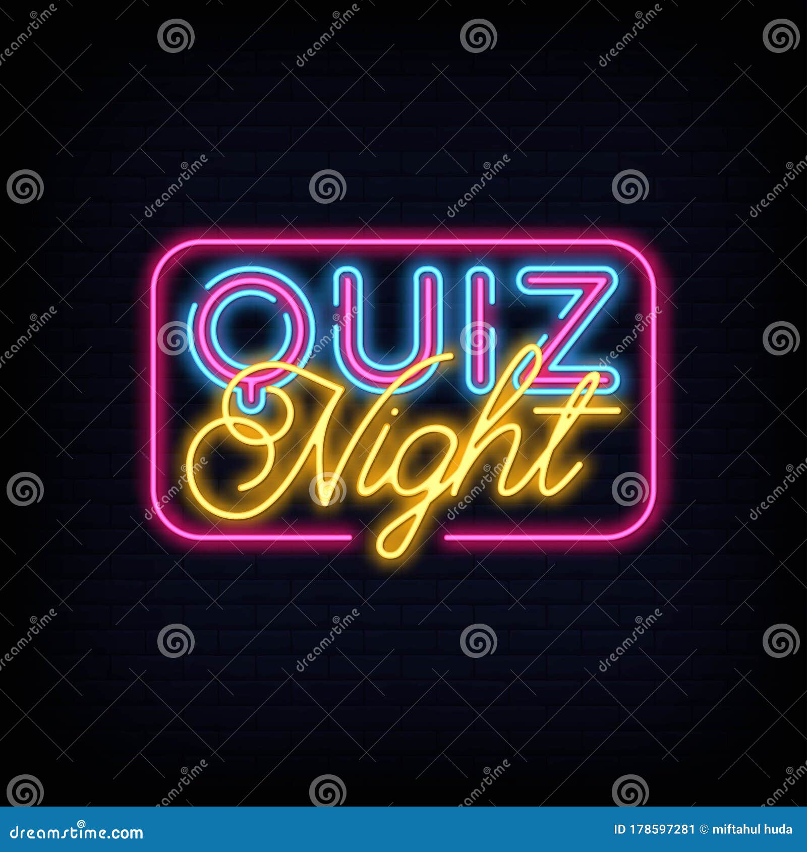 Quiz Night Neon Light Sign In Retro Twist Background With Stars. Poster ...