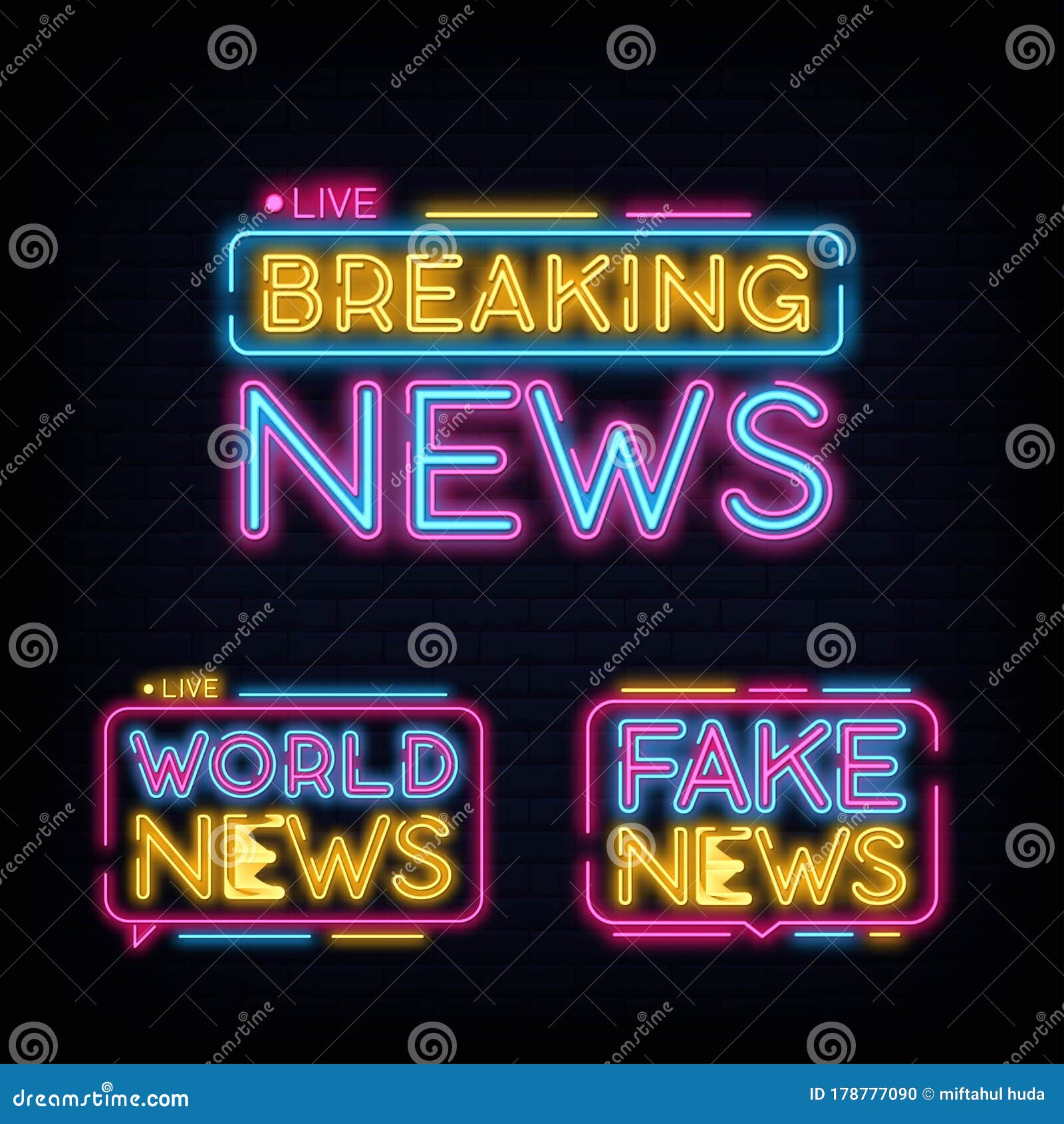 Set News Neon Signs Style Text Vector with a Brick Wall Background ...