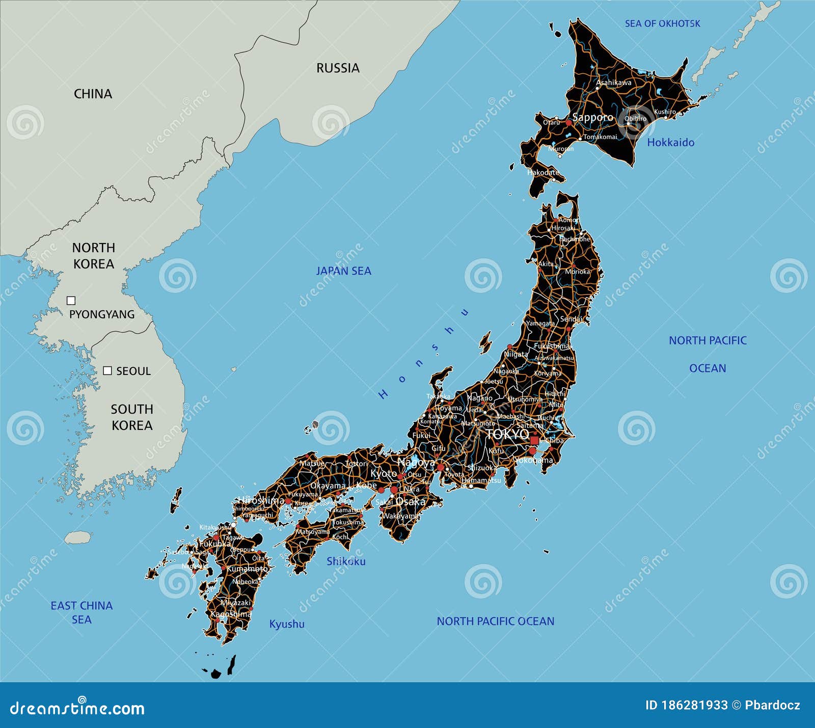 High Detailed Japan Road Map with Labeling. Stock Vector - Illustration ...
