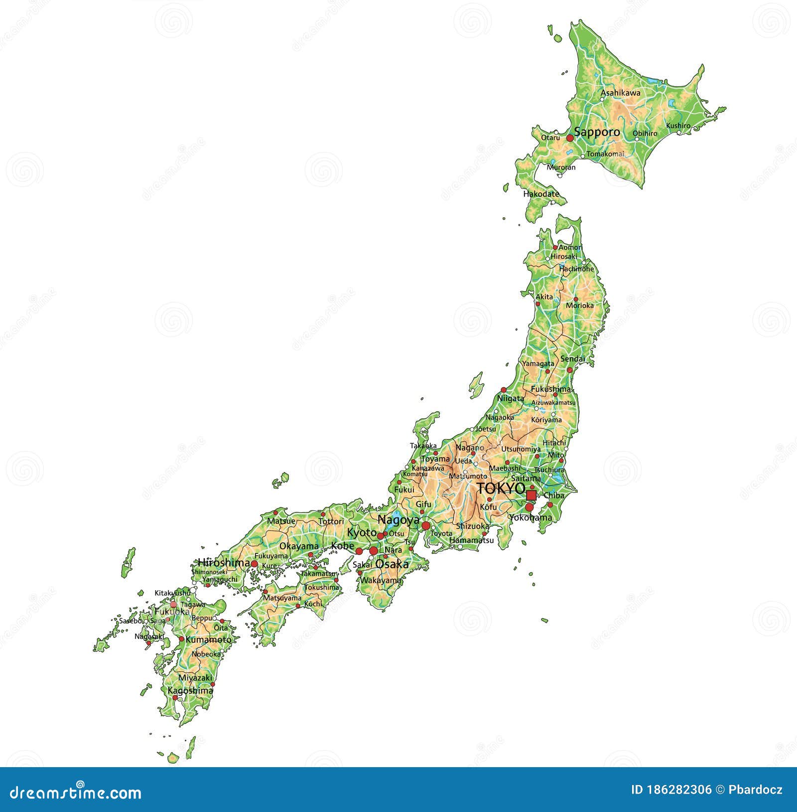 High Detailed Japan Physical Map. Stock Vector - Illustration of ...