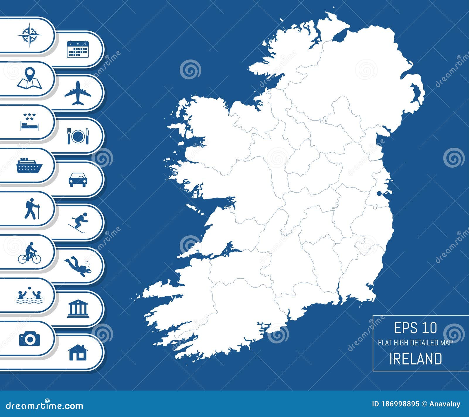 Flat High Detailed Ireland Map. Divided into Editable Contours of ...