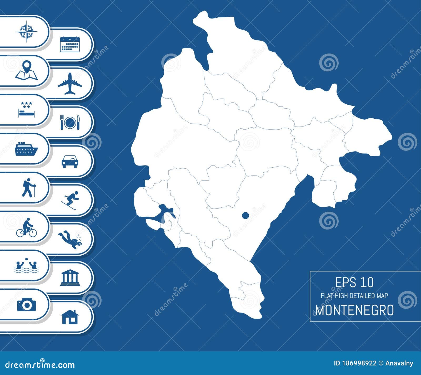 Flat High Detailed Montenegro Map. Divided into Editable Contours of ...