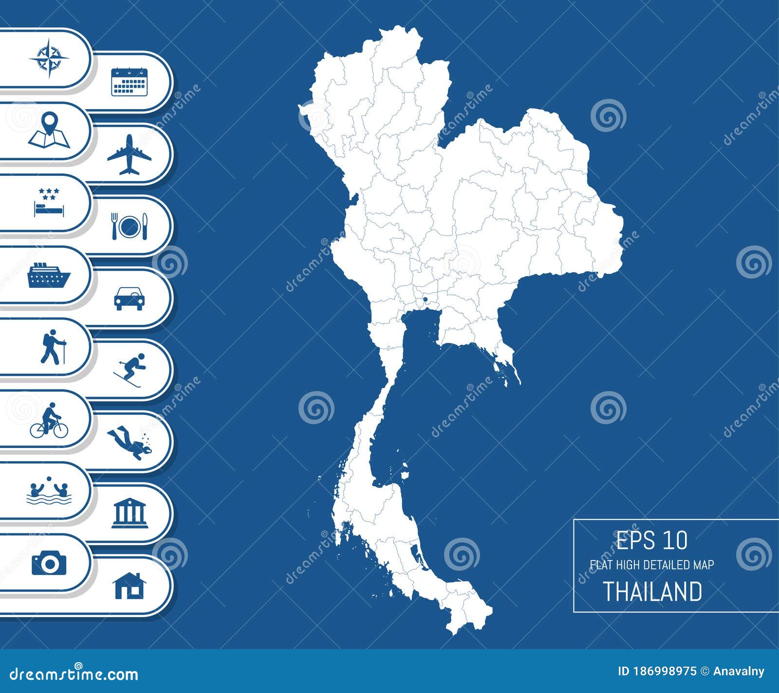 Flat High Detailed Thailand Map. Divided into Editable Contours of ...