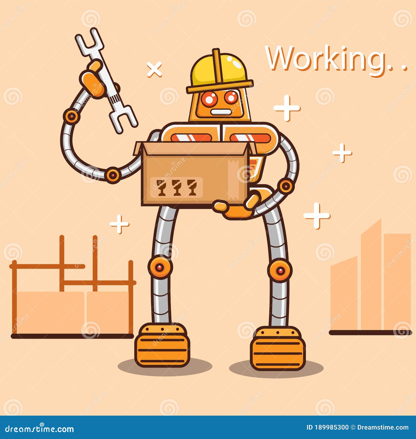 Cute Worker Builder Robot Holding a Wrench and Tool Box Mascot Vector ...