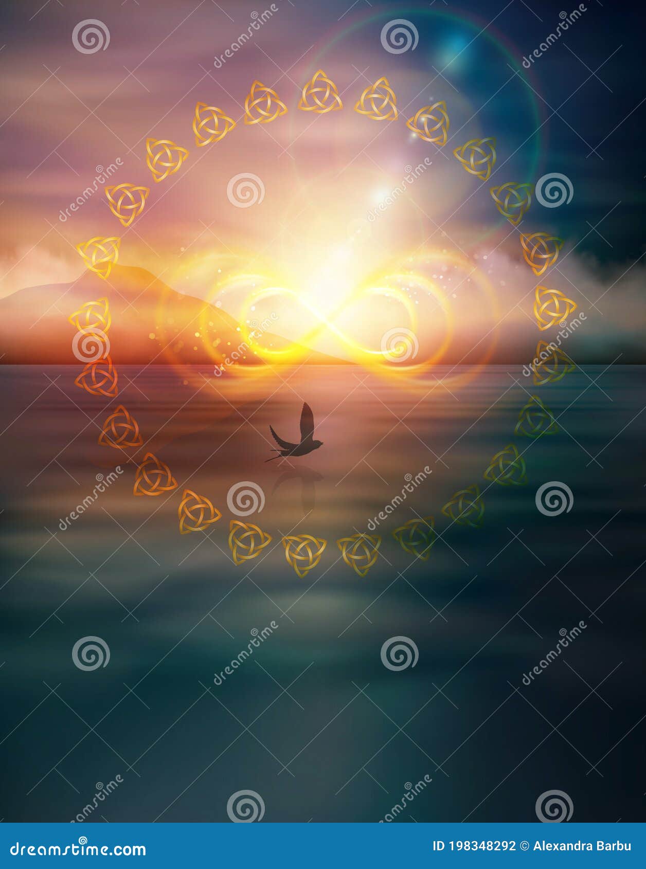 Trinity and Infinity Gold Symbols Over Sunset Nature Landscape Stock ...