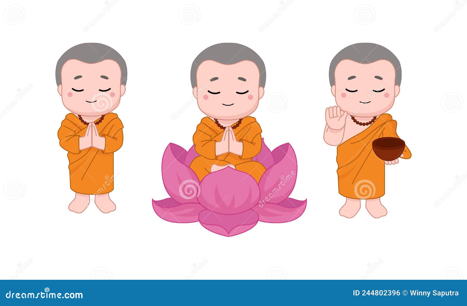 Cute Little Monk Character In Various Pose Set Vector Illustration ...
