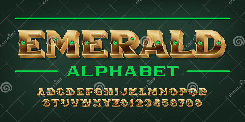 Emerald Alphabet Font. Golden Letters and Numbers Inlaid Green ...