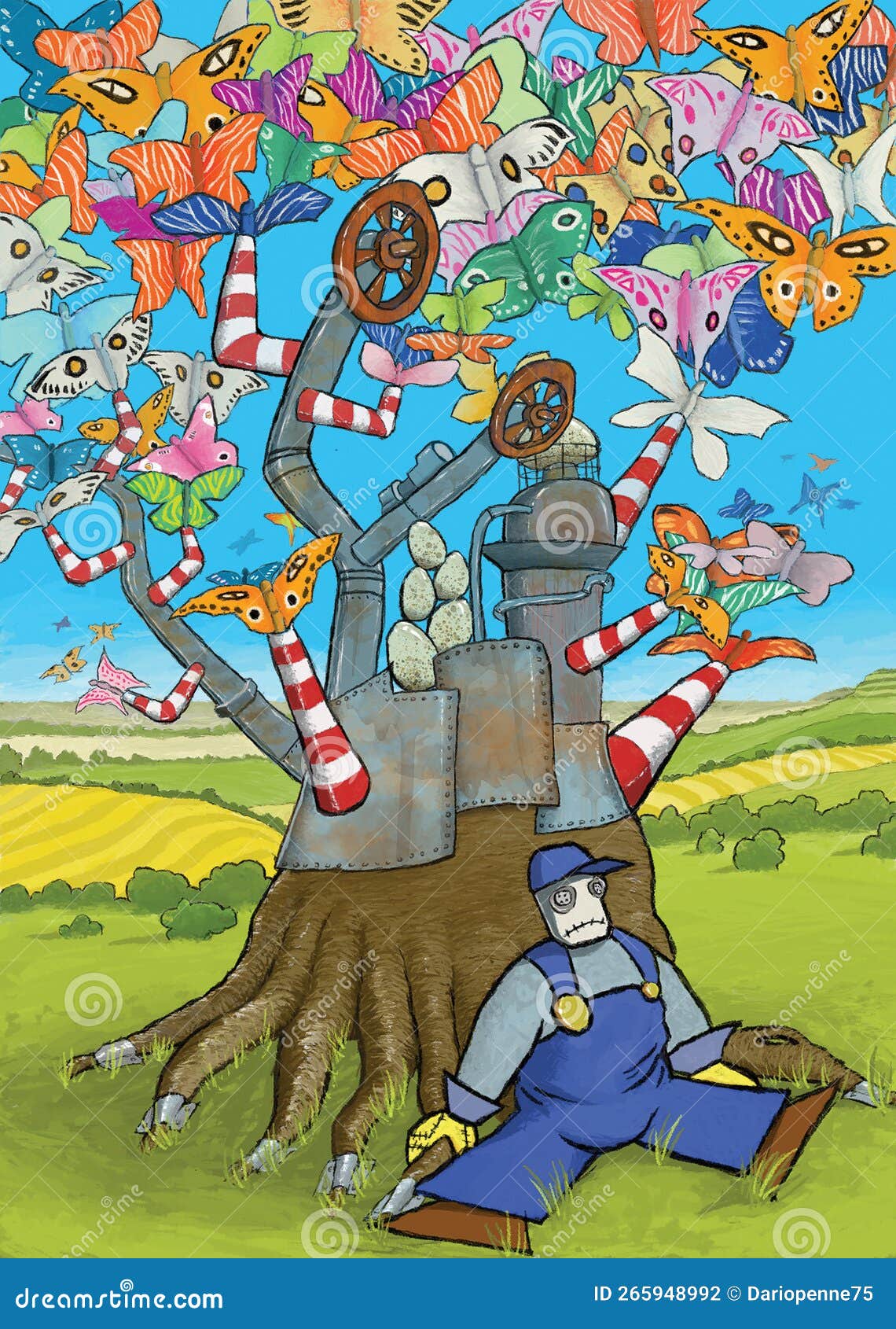 Butterflies, Worker Puppet Character and a Tree with Factory and ...