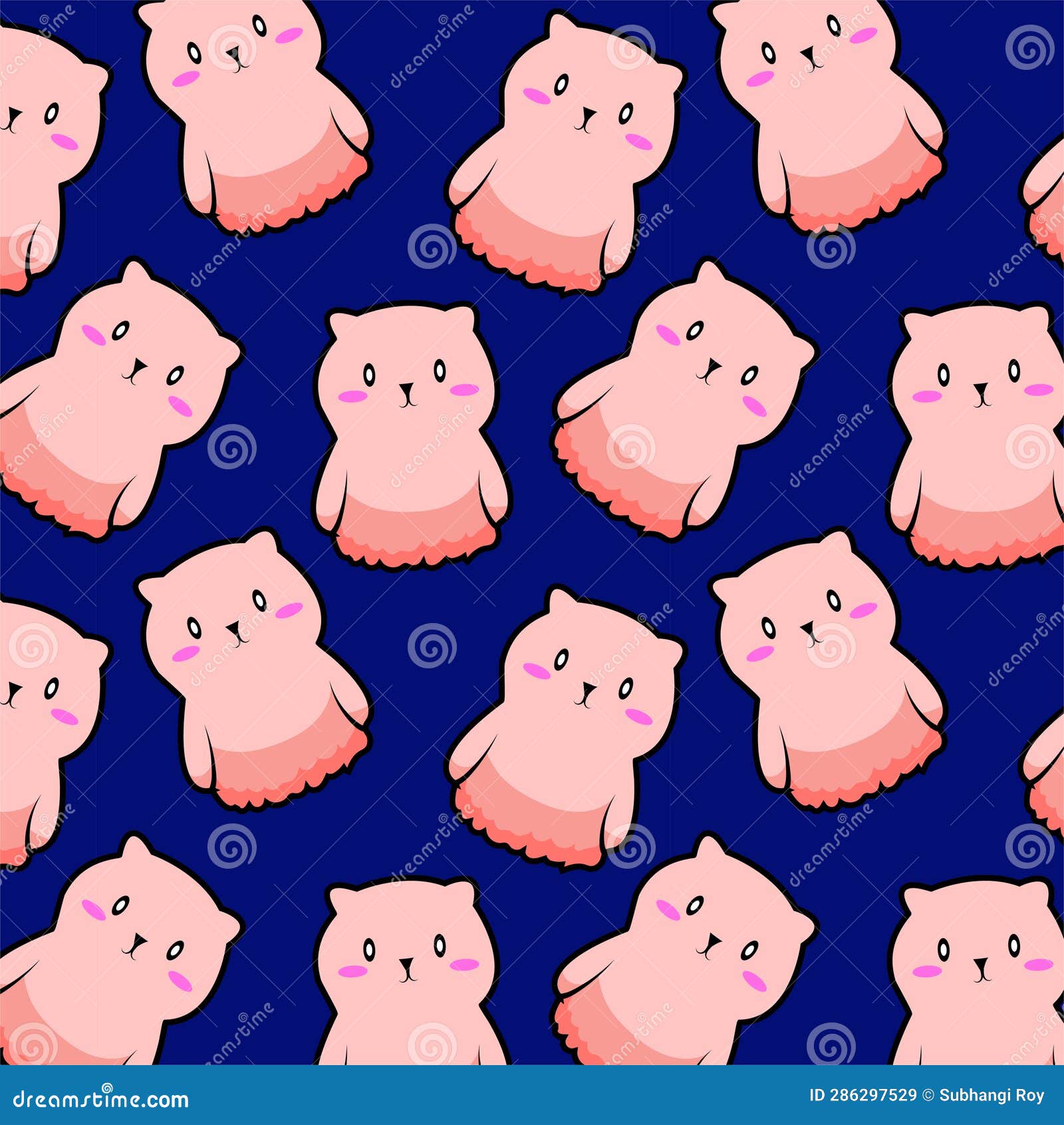 Cute Kawaii Pink Cat Monster Seamless Pattern in Blue Background for ...