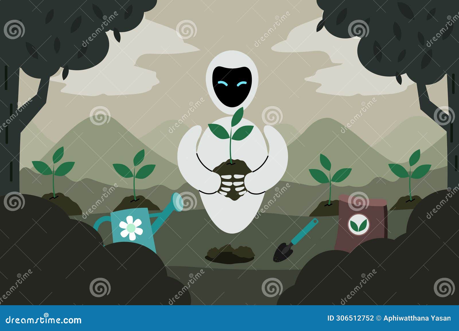 Robot Planting Trees. Environment Conservation Concept. Vector ...