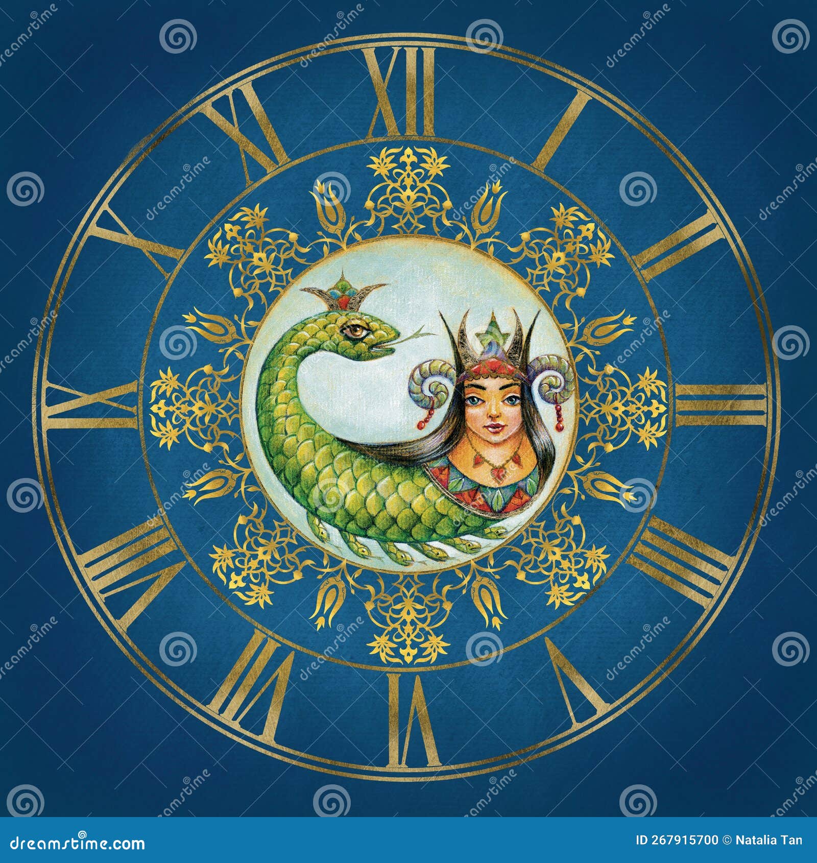 Queen of Snakes Shahmaran, Roman Clock Design. Stock Illustration ...