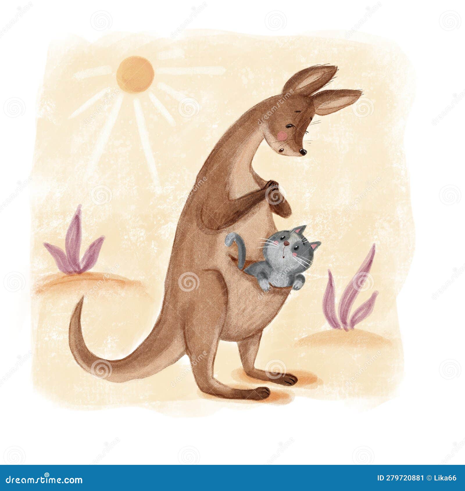 Cute Kangaroo with Cat in Australian Desert Stock Illustration ...