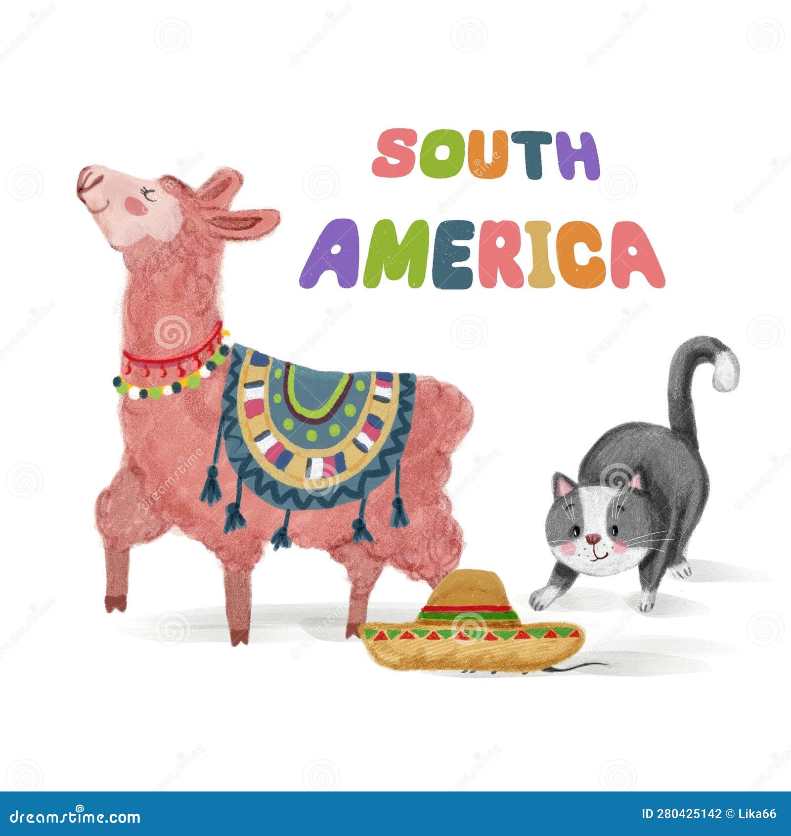South American Llama with Cat and Sombrero Stock Illustration ...