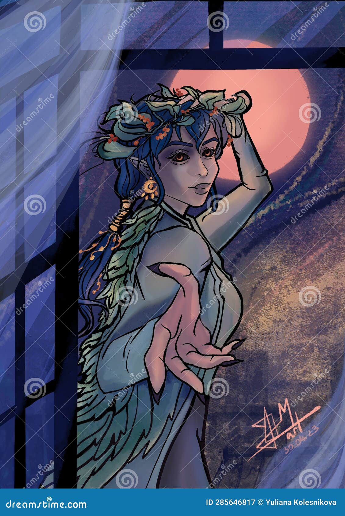 Illustration of a Fairy Demon Girl in a Nature Flower Wreath Stock ...