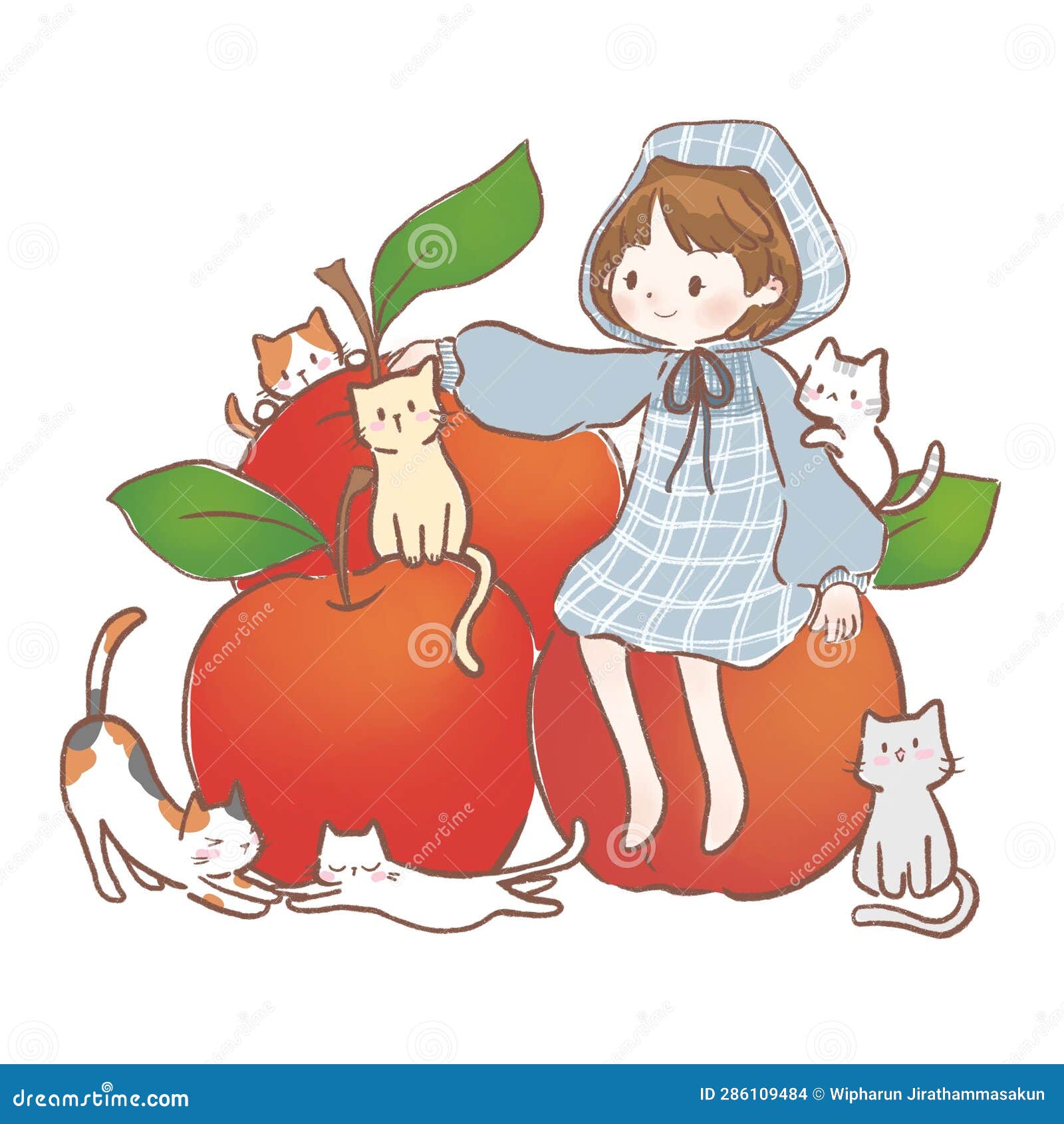 This Cute Little Girl with Red Apple and Cats. Stock Illustration ...