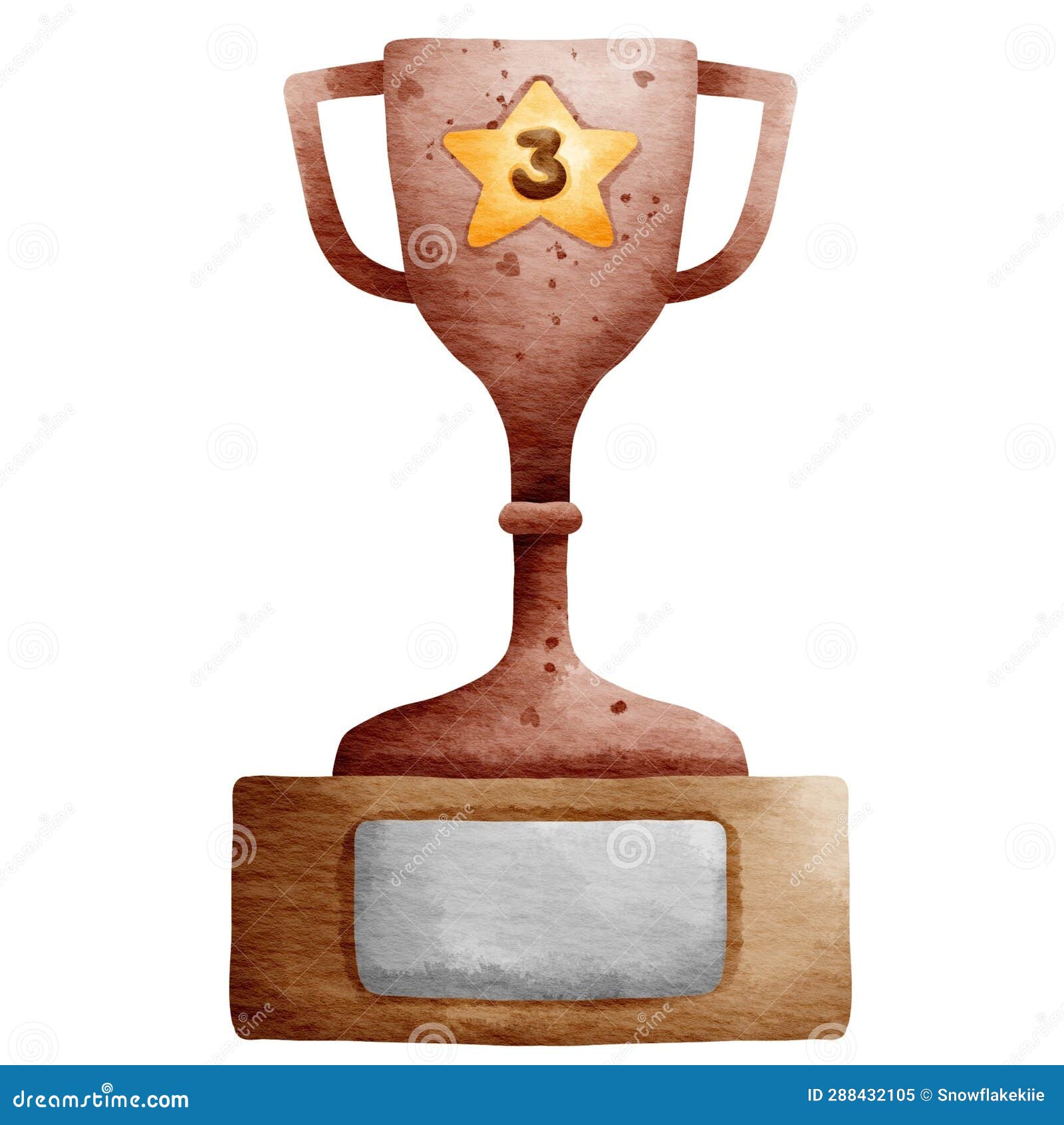Cute Bronze Trophy with Number 3 Star in Watercolor Style and ...