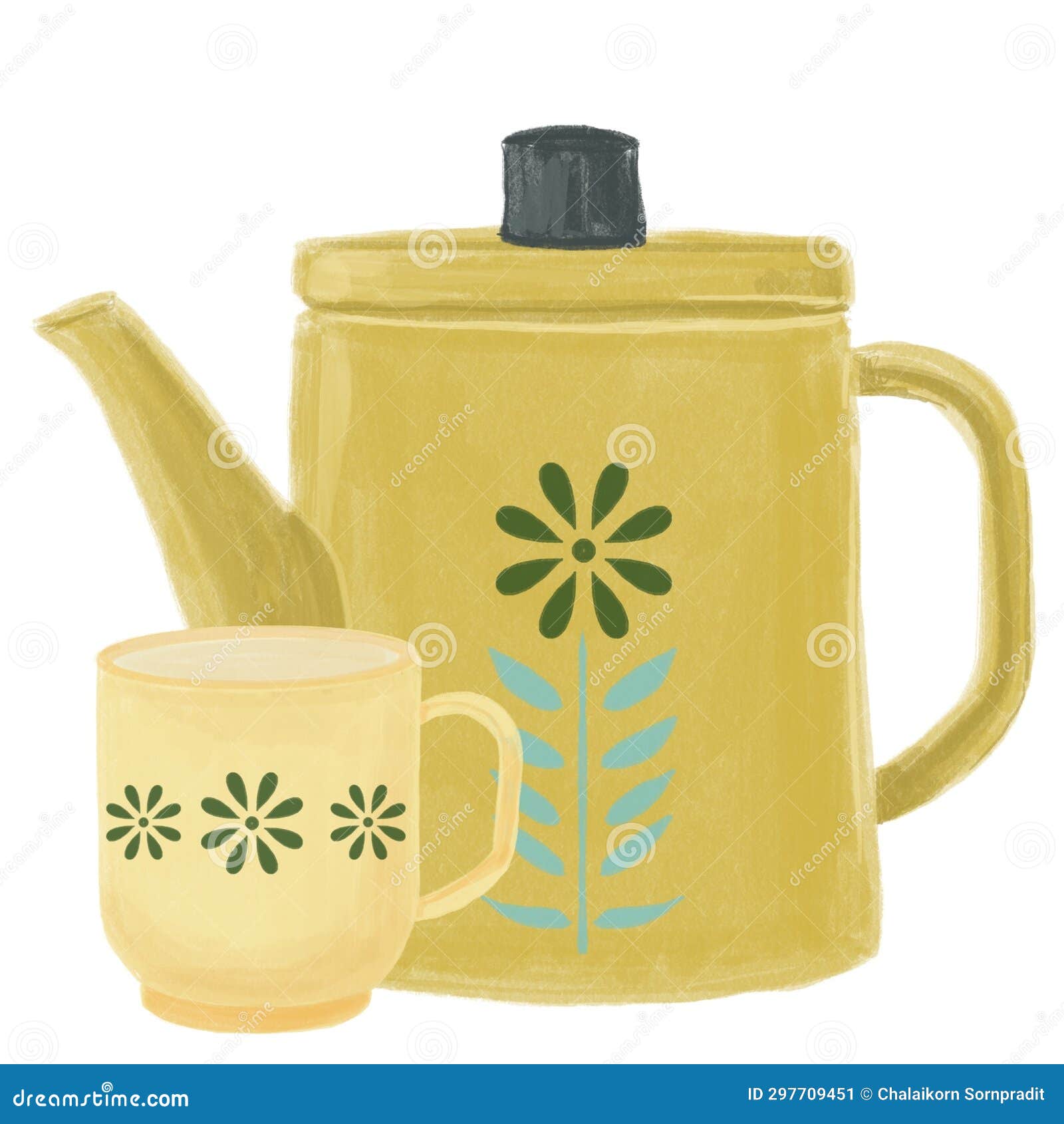 Yellow Teapot with Mug Hand Draw , Teapot Illustration, Stock ...