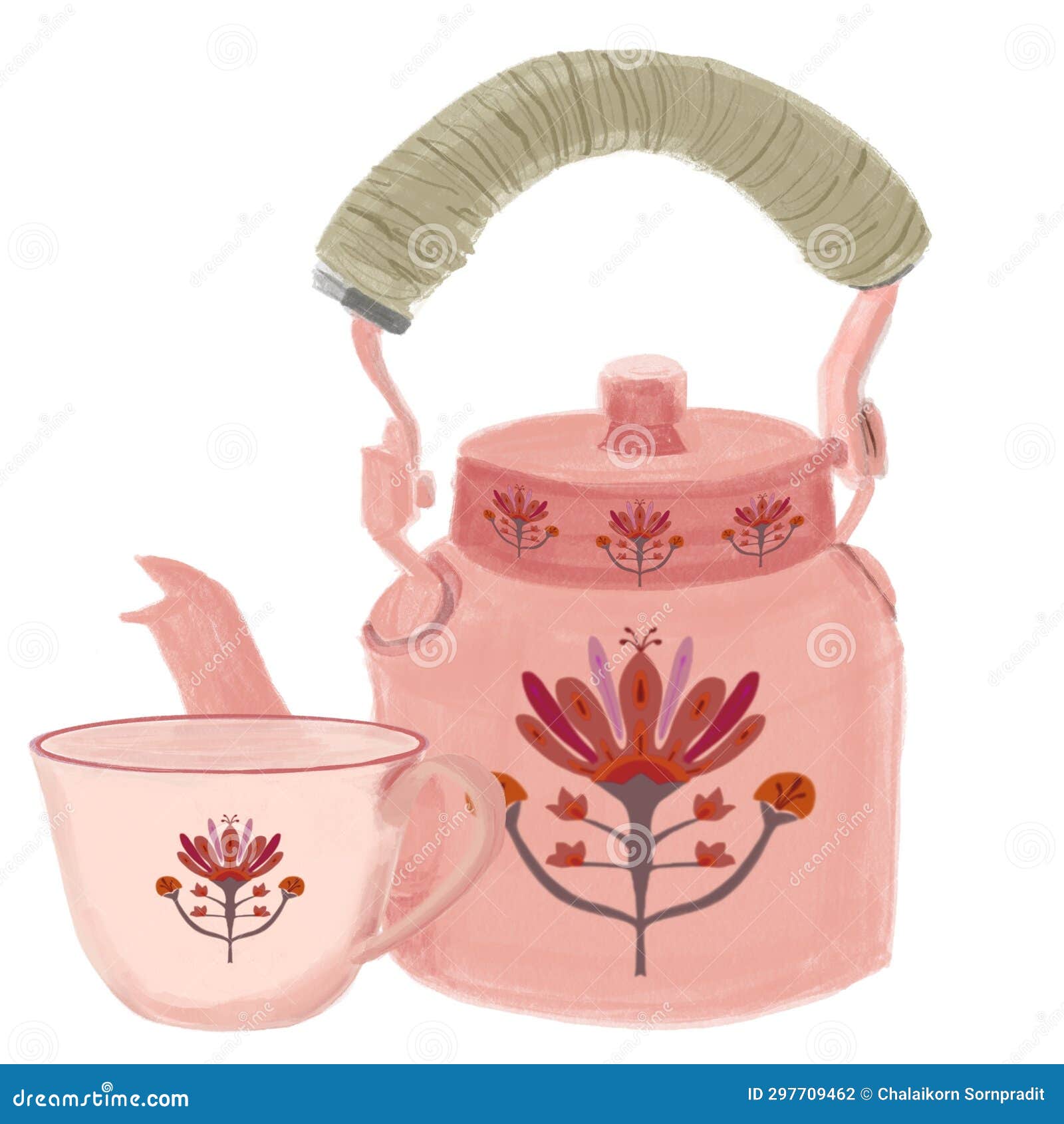Pink Teapot with Mug Hand Draw , Teapot Illustration, Stock ...