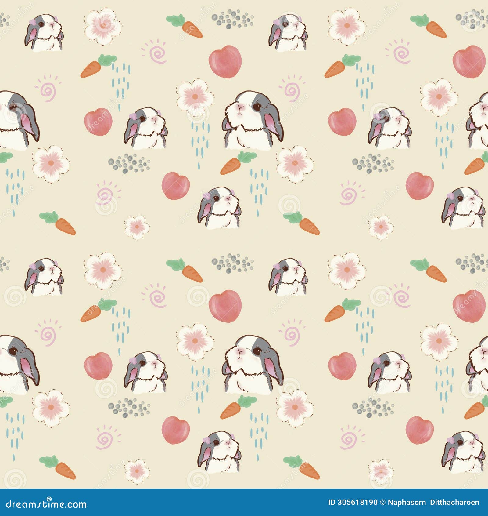 Cute Little Bunny Cartoon Character Hand Drawing with Tiny Flower Honey ...