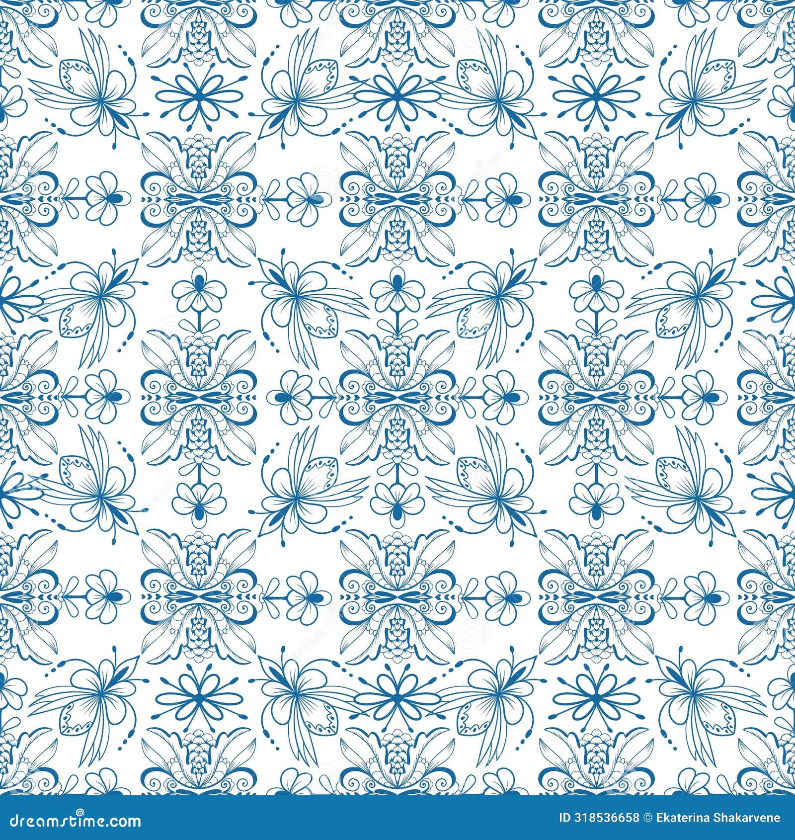 Seamless Abstract Floral Ornamental Surface Pattern Design Blue Outline ...
