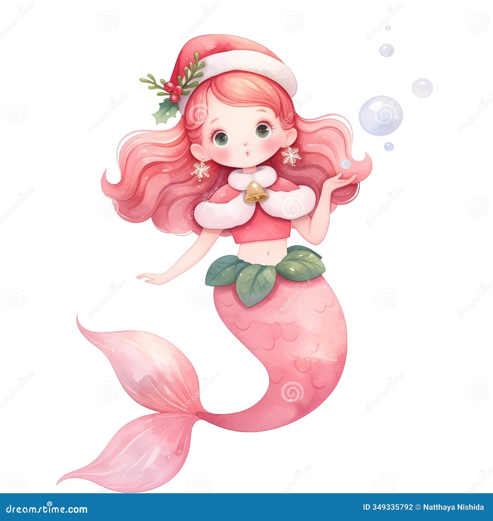 Cute Pink Santa Mermaid Watercolor Illustration, Mermaid Character ...