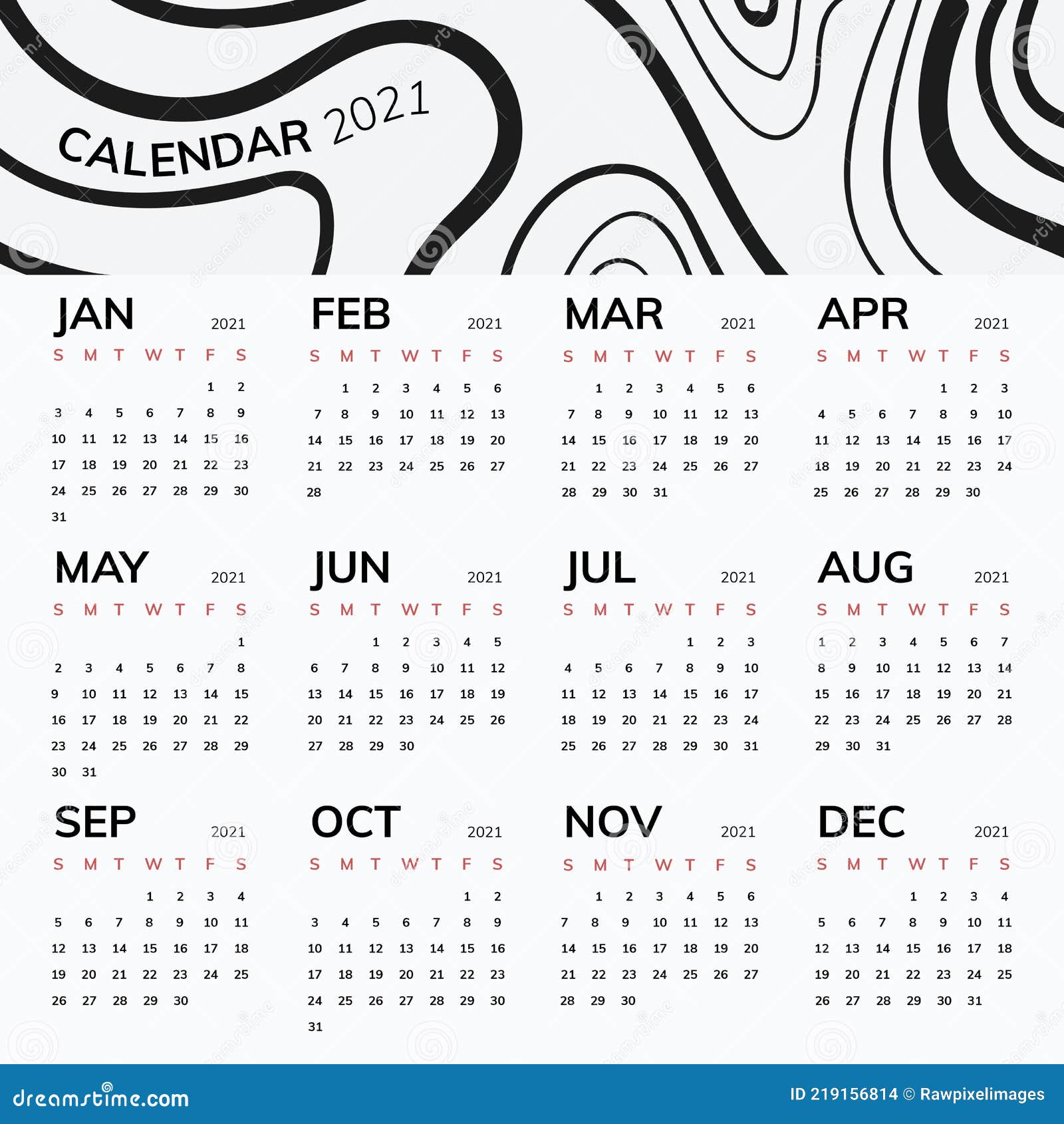 Calendar Year 2021 Printable With Black Line Pattern Royalty-Free Stock ...