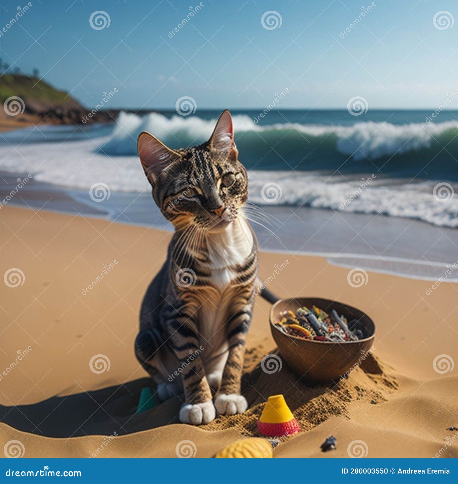 Cute cat on the beach stock illustration. Illustration of adventure ...