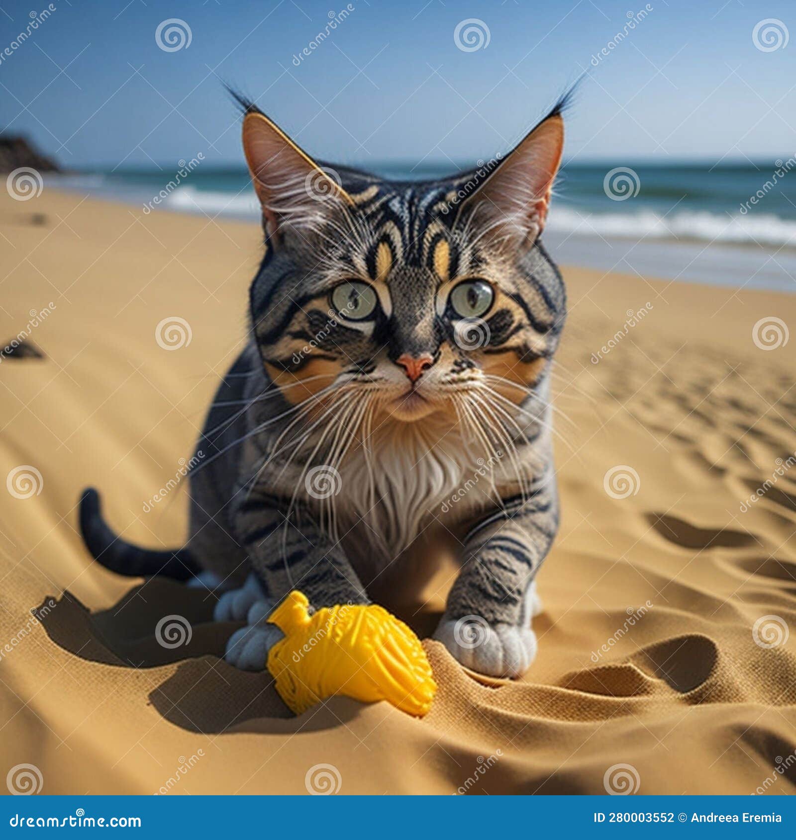 Cute cat on the beach stock illustration. Illustration of wildcat ...
