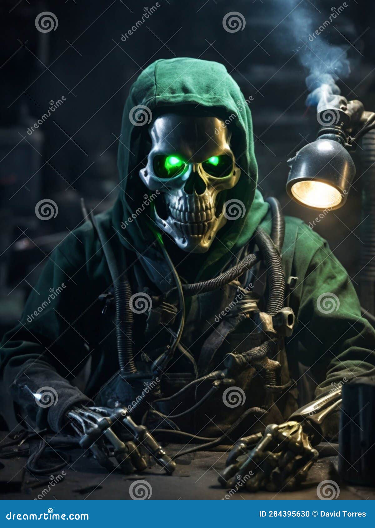 Evil Skeleton Working As a Welder in a Smokey Shop Smiling Stock ...