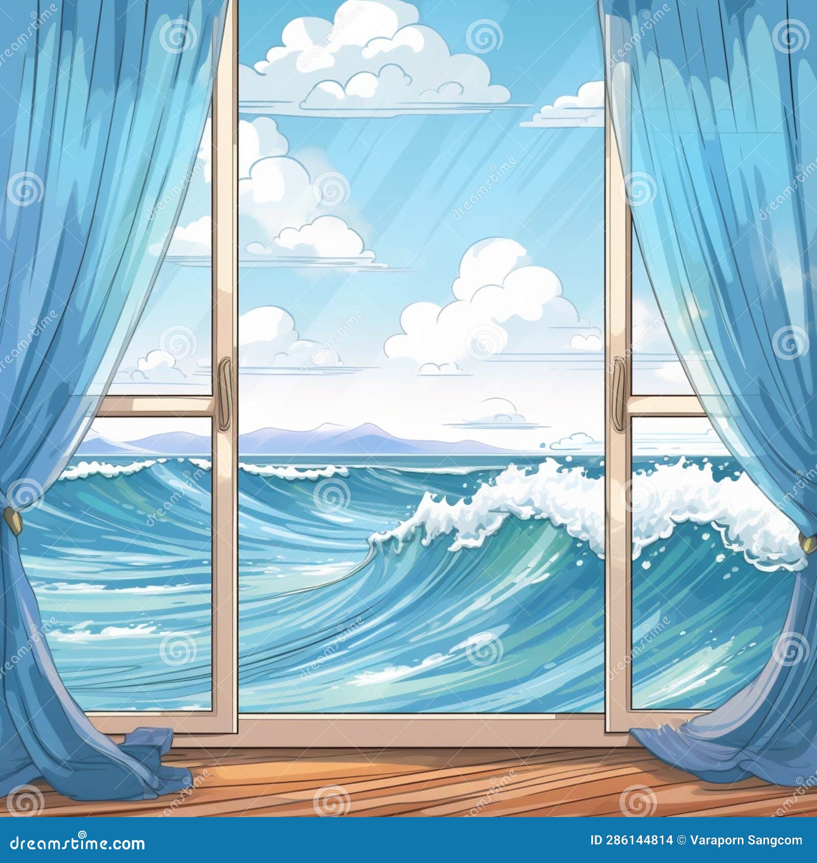 Ocean View from the Window with Blue Curtains. Vector Cartoon ...