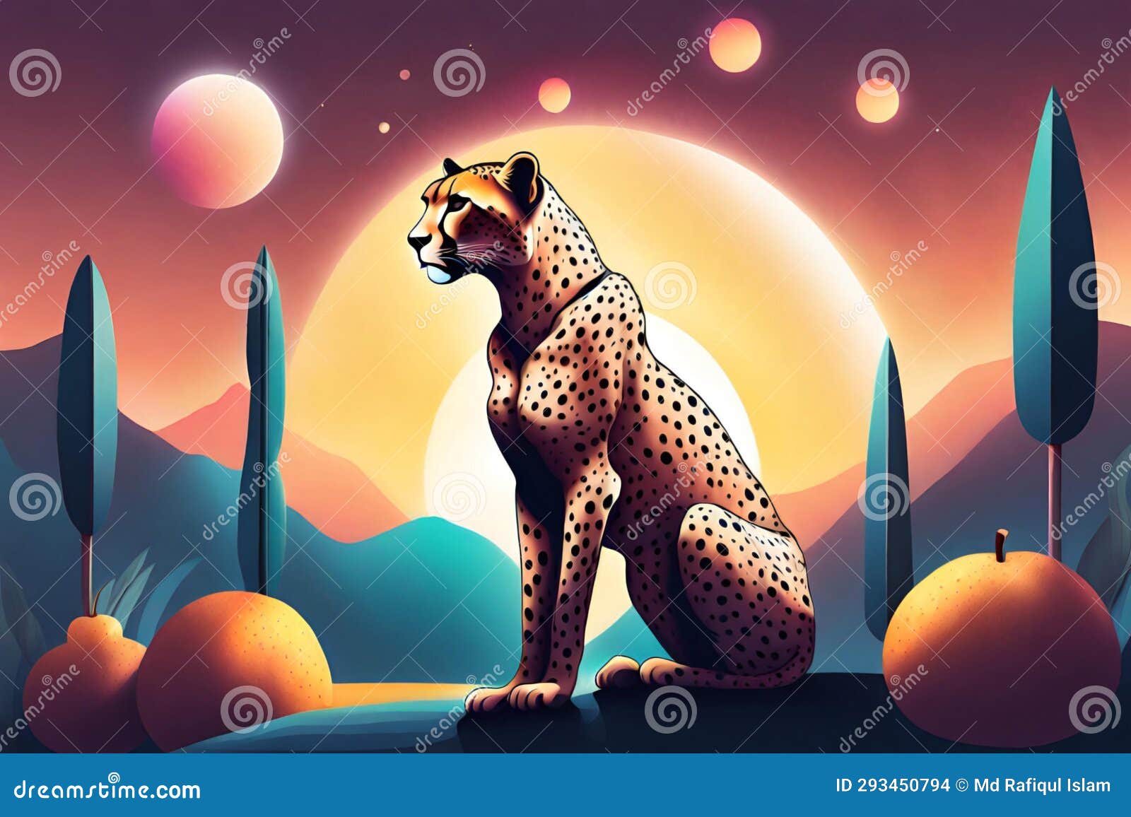 Cheetah Sitting on the Moon in the Desert. Vector Illustration Stock ...