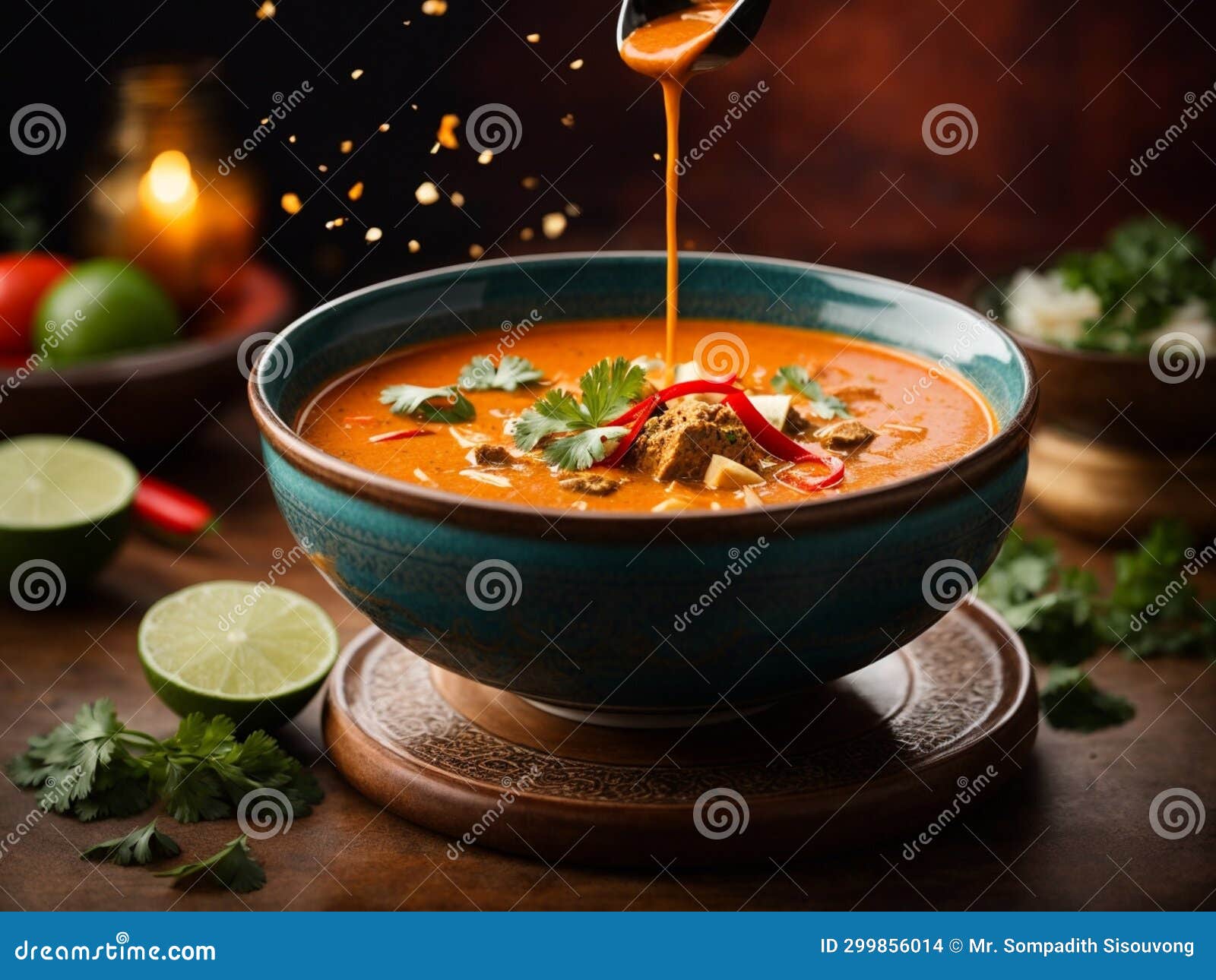 Delicious Thai Red Curry Soup, Vibrant Ruby-red Broth Simmering with a ...