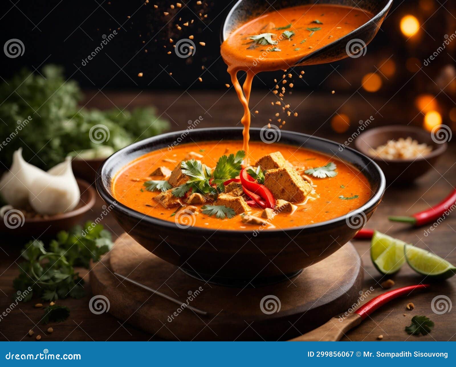 Delicious Thai Red Curry Soup, Vibrant Ruby-red Broth Simmering with a ...