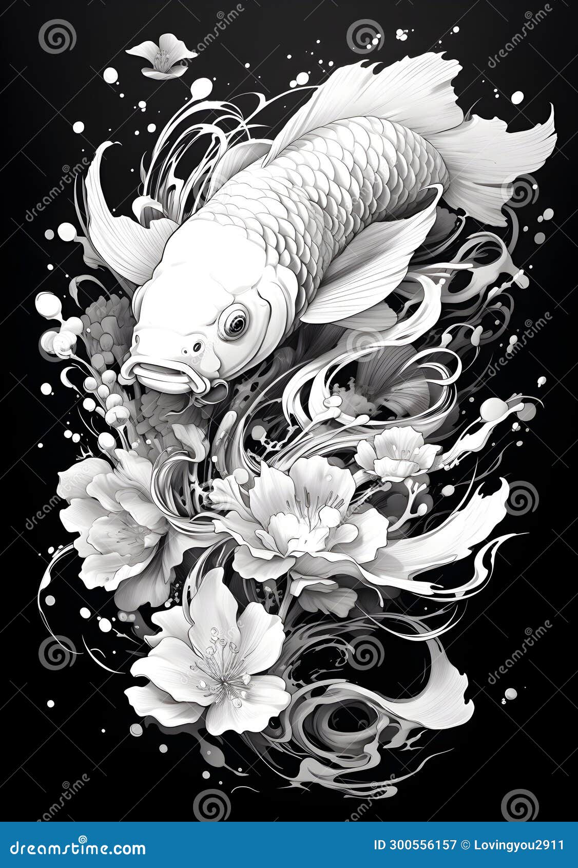 Koi Fish with Flowers and Butterflies. Black and White Illustration ...