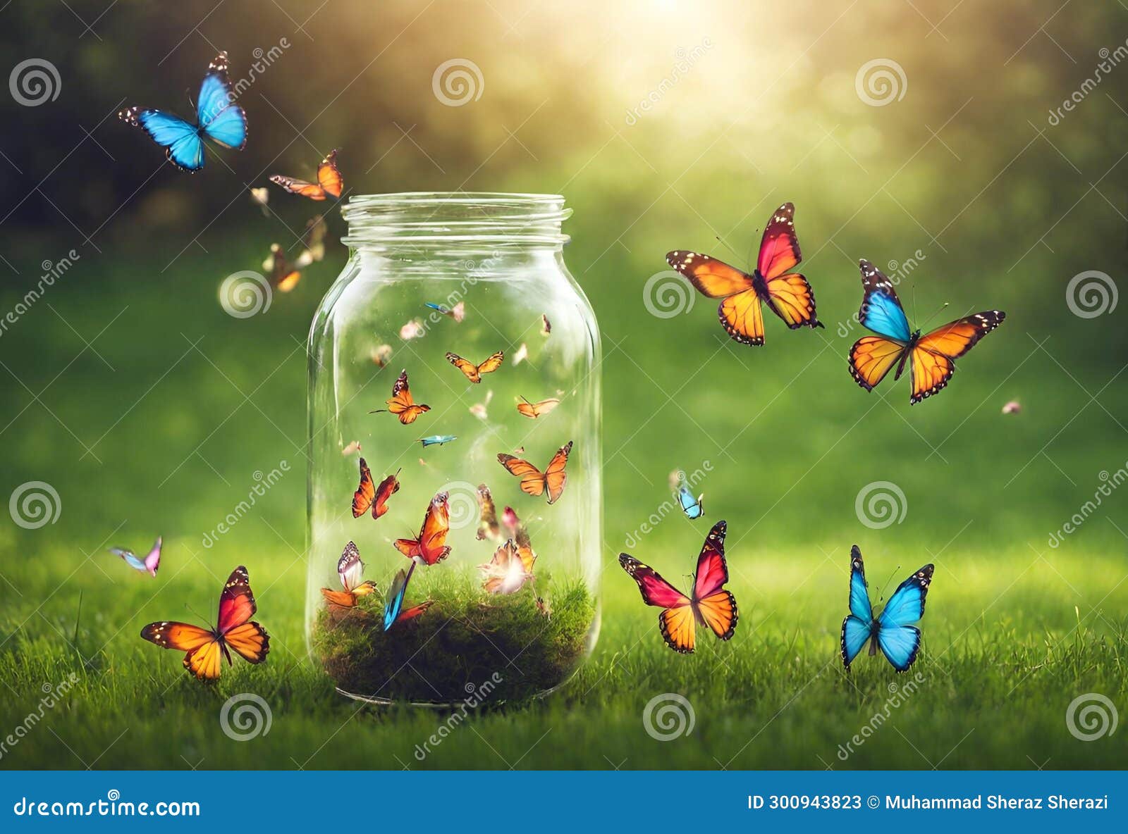 Freedom Concept - Magic Butterflies Flying Out of the Jar on the Lawn ...